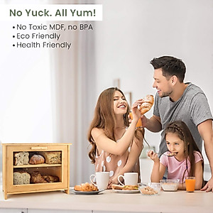 Pristine Bamboo Bread Box for Kitchen Countertop - Double Layer Bread Storage Bin with Clear Windows - Rustic Farmhouse Style Bread Bin, Wooden Large Capacity Bamboo Food Storage Bin (Self-Assembly)