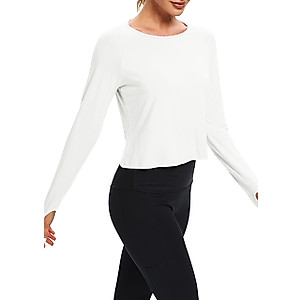 Bestisun Long Sleeve Open Back Workout Shirts Yoga Athletic Tops Gym Dance Fall Clothes for Women White M