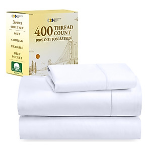 California Design Den Twin Sheets Set - Soft 400 Thread Count Sateen, 100% Cotton Sheets, Deep Pockets with All Around Elastic for a, Cool & Durable Bedding Set - White