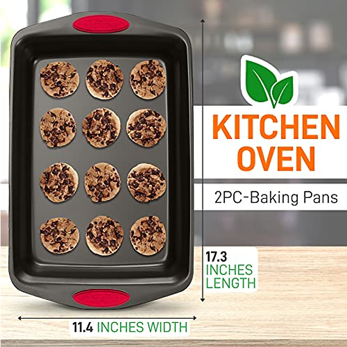 NutriChef 2-Piece Baking Pan Set - PFOA, PFOS, PTFE Free Flexible Nonstick Black Coating Carbon Steel Bakeware - Professional Home Kitchen Bake Cookie Sheet Stackable Tray w/Red Silicone Handles