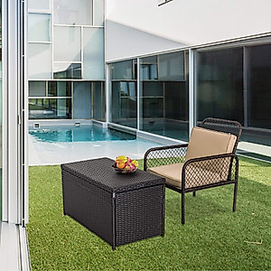 Aura Outdoor Patio Pool Wicker Storage Box, 70 Gallon Outdoor Cushion Storage Container, Outdoor Storage Bin for Cushins, Garden Supplies - PE Wicker Rattan, Aluminum, Black