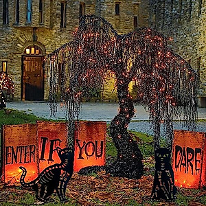 YEAHOME Halloween Decorations Outdoor, 2 Pack Skeleton Black Cat Garden Stakes for Halloween Decor, Scary Metal Cat Silhouette Yard Signs for Outside Garden Lawn Patio Party Decorations