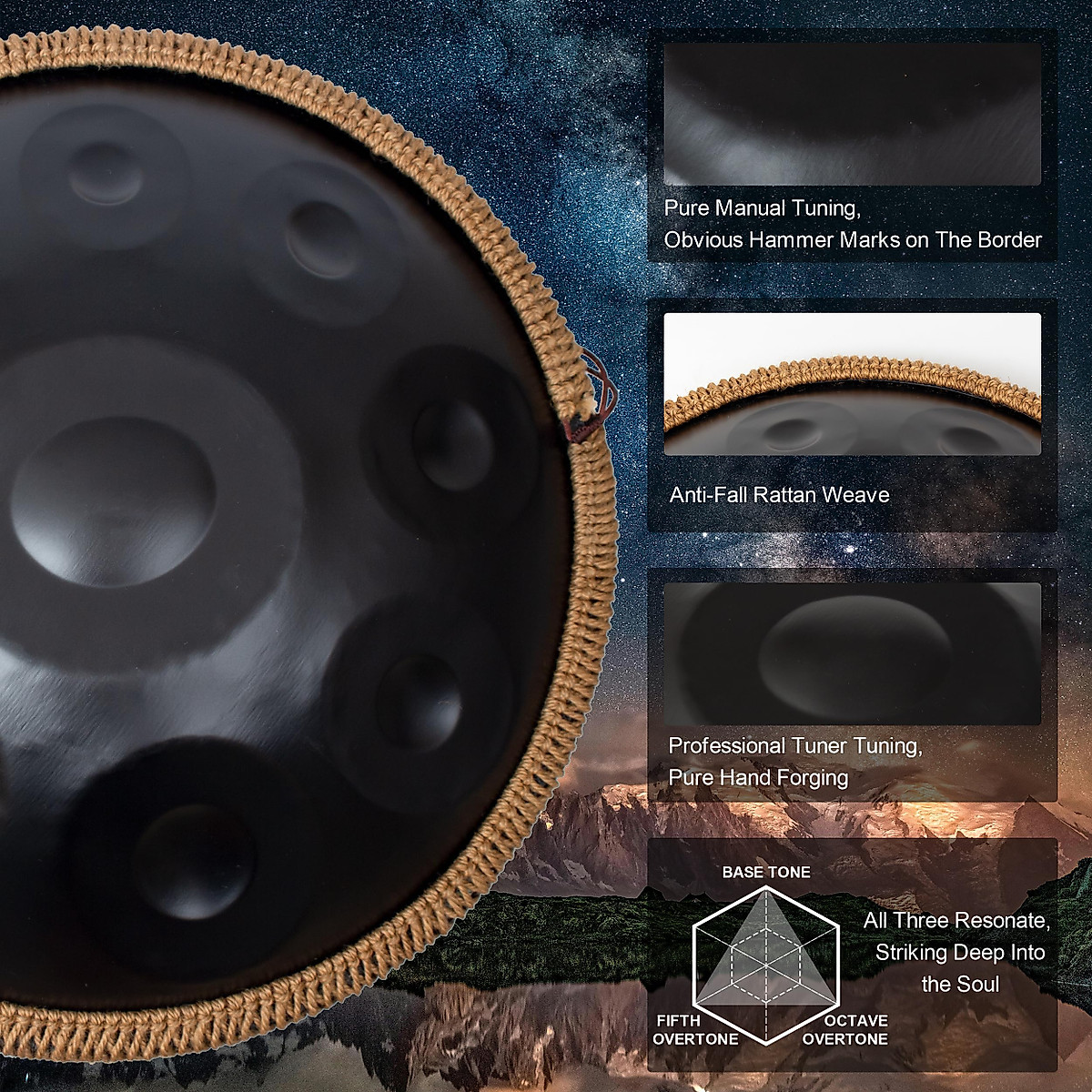 LOMUTY Handpan 22 inch D Minor Kurd Handpan 9 Notes Handpan Drum Instrument for Professional Performance, 440HZ Sound Handpan Drums for Adults (Black)