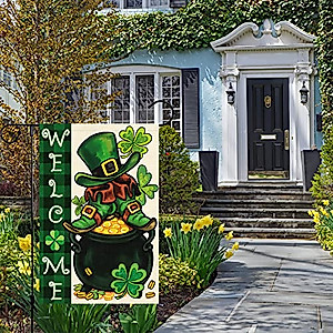 Welcome Spring St. Patrick's Day Garden Flag 12x18 Double Sided, Burlap Small Check Plaid Leprechauns Yard Flag Banner Irish Lucky Shamrock Clover Shoes Sign for Outside Outdoor Decor (ONLY FLAG)