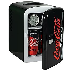 Coca cola Coke Zero 4L Cooler/Warmer w/ 12V DC and 110V AC Cords, 6 Can Portable Mini Fridge, Personal Travel Refrigerator for Snacks Lunch Drinks Cosmetics, Desk Home Office Dorm, Black