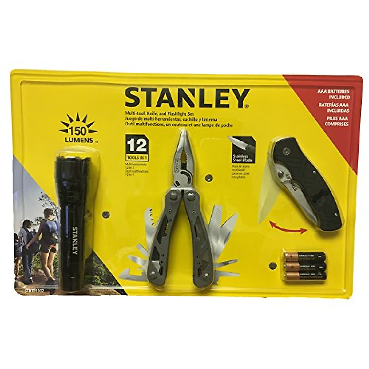 Stanley 12 in 1 Multi Tool Folding Pocket Knife 150 Lumens LED Light Set STHT 81502, Black