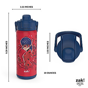 zak! Beacon Insulated Bottle, Miraculous Ladybug - 20 oz - Durable Stainless Steel - Double-Wall Vacuum Insulation, Silicone Spout & Push-Button, Leak-Proof Lid - Dishwasher Safe