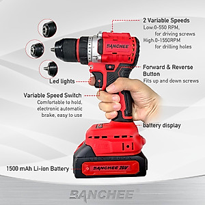 BANCHEE 20V Brushless Cordless Power Drill kit, 3/8 "keyless metal ratchet chuck, 23+1 Torque Settings with 2x1.5Ah Batteries and Charger, 2-Variable Speeds,27 Bit Set