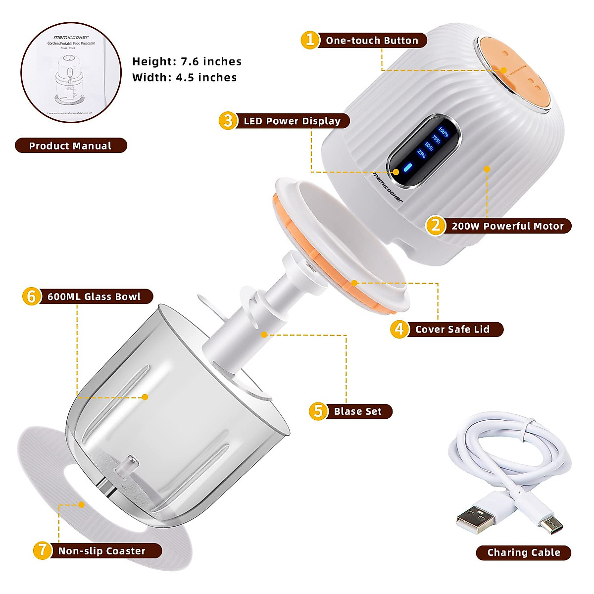 Cordless Food Processor Electric, 600ML Small Electric Food Chopper Glass Bowl for Meat Vegetables Onions Garlic, Meat Chopper Blender