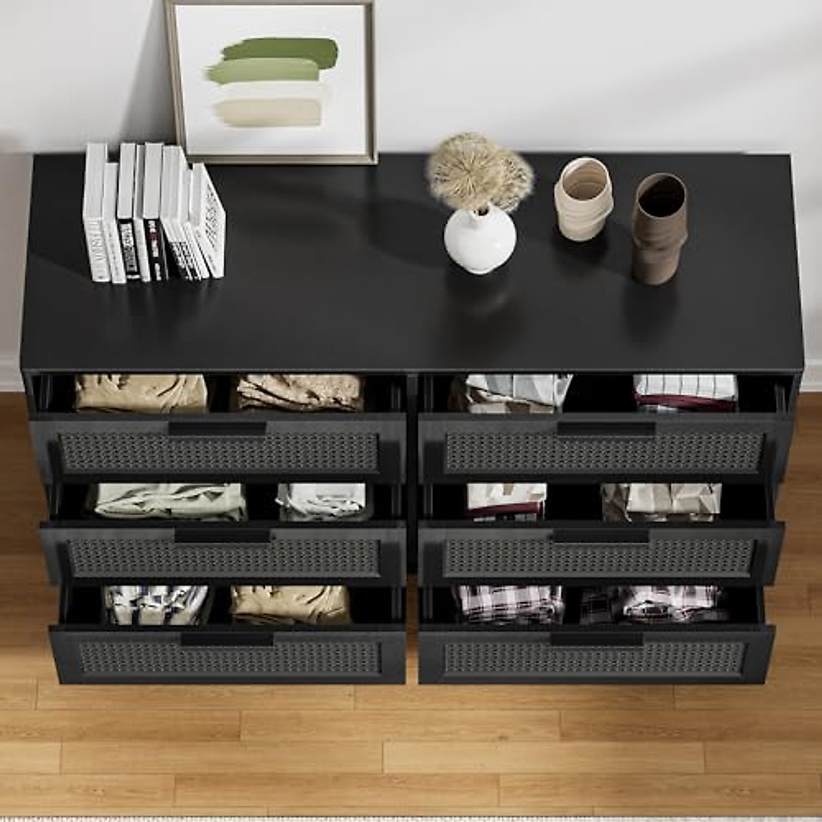 Anmytek Black Rattan 6 Drawer Dresser for Bedroom, Wood Dressers for Bedroom, Natural Wood Storage Wide Dressers & Chests of Drawers Large Storage Cabinet for Closet, Bedroom and Entryway, H0110