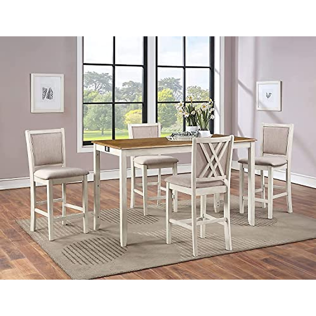 New Classic Furniture Amy Farmhouse Kitchen Counter Island Dining Table for 4 with Storage Shelf & USB Chargers, Two Tone Vintage White/Brown