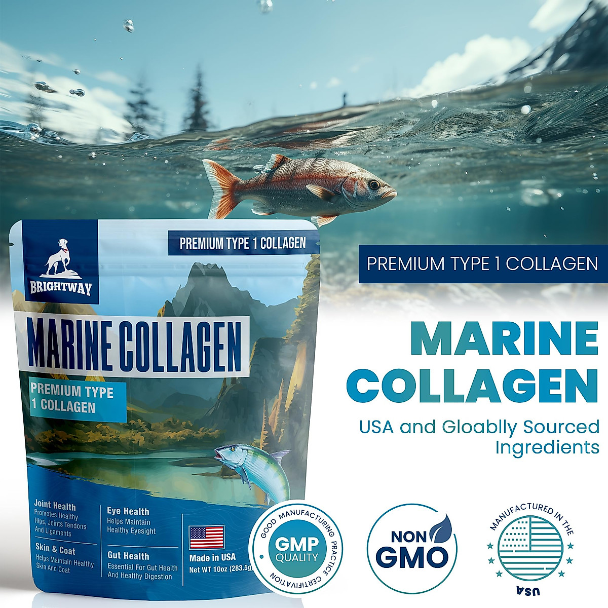 Wild Caught Marine Collagen Peptide for Dogs- Improves Gut, Skin & Coat Health, Allergies, Pet Mobility Hip & Joint Supplement Health