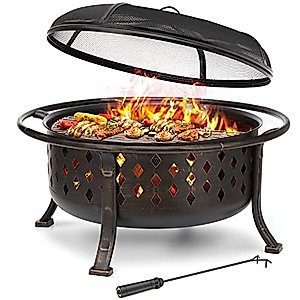 SINGLYFIRE 36 Inch Fire Pits for Outside Large Outdoor Wood Burning Crossweave firepit Heavy Duty Steel Bronze Bonfire Pit for Patio Backyard Garden with BBQ Grate,Spark Screen,Log Grate,Poker