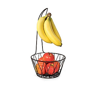 Spectrum Diversified Paxton Tree & Basket Hanger & Fruit Basket, Produce Saver Banana Holder & Open Wire Fruit Bowl for Kitchen Counter & Dining Table, Black