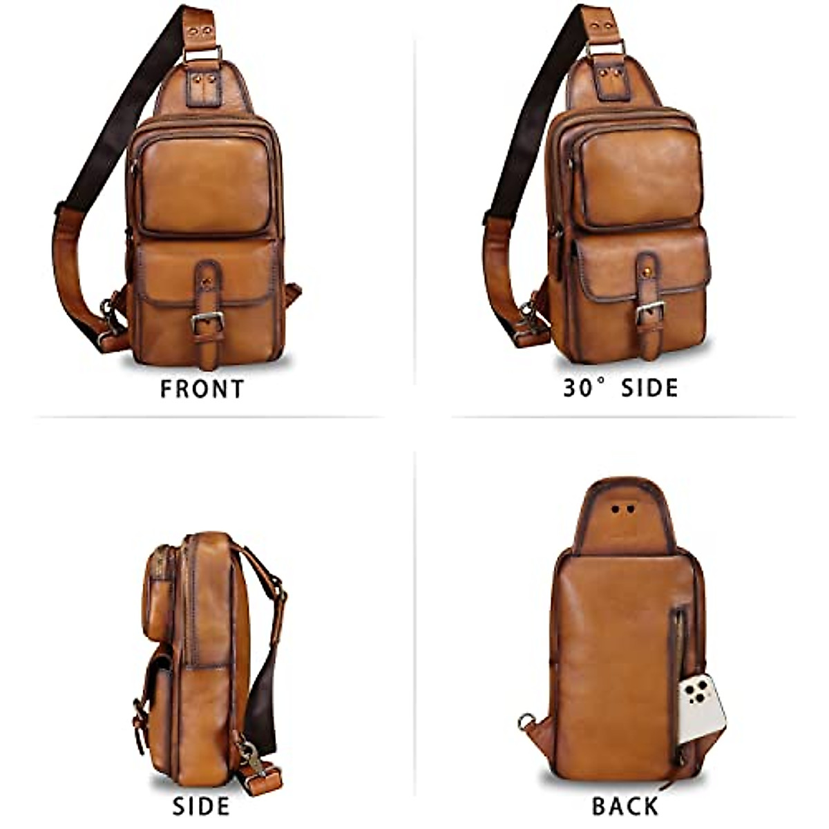 LRTO Genuine Leather Sling Bag Crossbody Motorcycle Bag Handmade Hiking Chest Daypack Retro Shoulder Backpack (Brown)