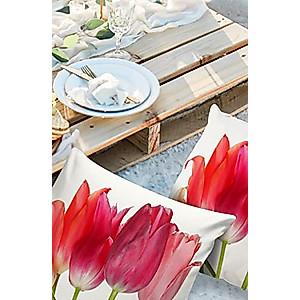 Outdoor Waterproof Throw Pillow Covers Set of 2, Elegant Tulip Flower Outdoor Pillow Covers Decorative Cushion Covers for Patio Funiture Garden, 18 x 18 Inches, Floral Pink Red