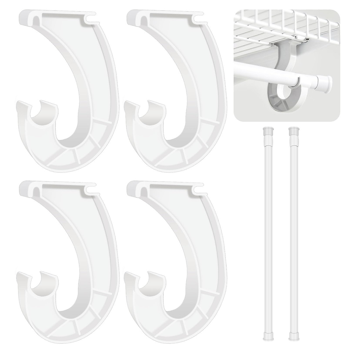 NamcheBarwa 4Pcs Hanging Closet Rod Support with 2 Pcs Metal White Closet Hanging Rod, J-Shaped 3/4 Closet Rod Bracket for Wire Closet Shelving Hanging Clothes