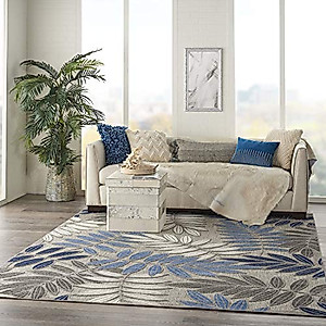 Nourison Aloha Indoor/Outdoor Grey/Blue 7'10" x 10'6" Area Rug, Easy Cleaning, Non Shedding, Bed Room, Living Room, Dining Room, Backyard, Deck, Patio (8x11)