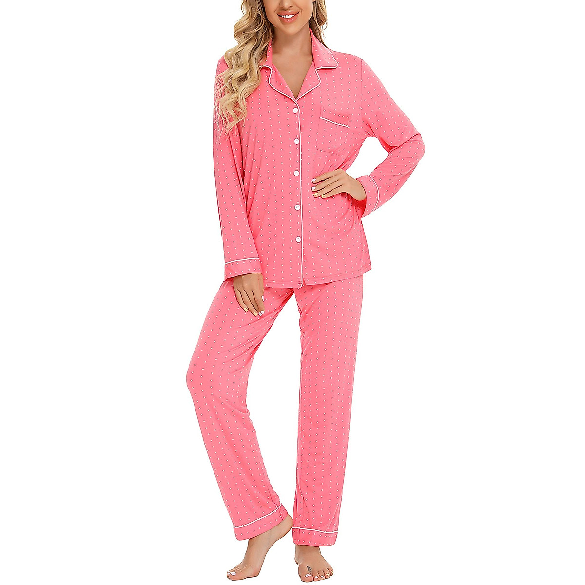 Womens Pajamas Long Sets V-Neck Long Sleeve Long Sleepwear Pj Sets Coral With Dots Small