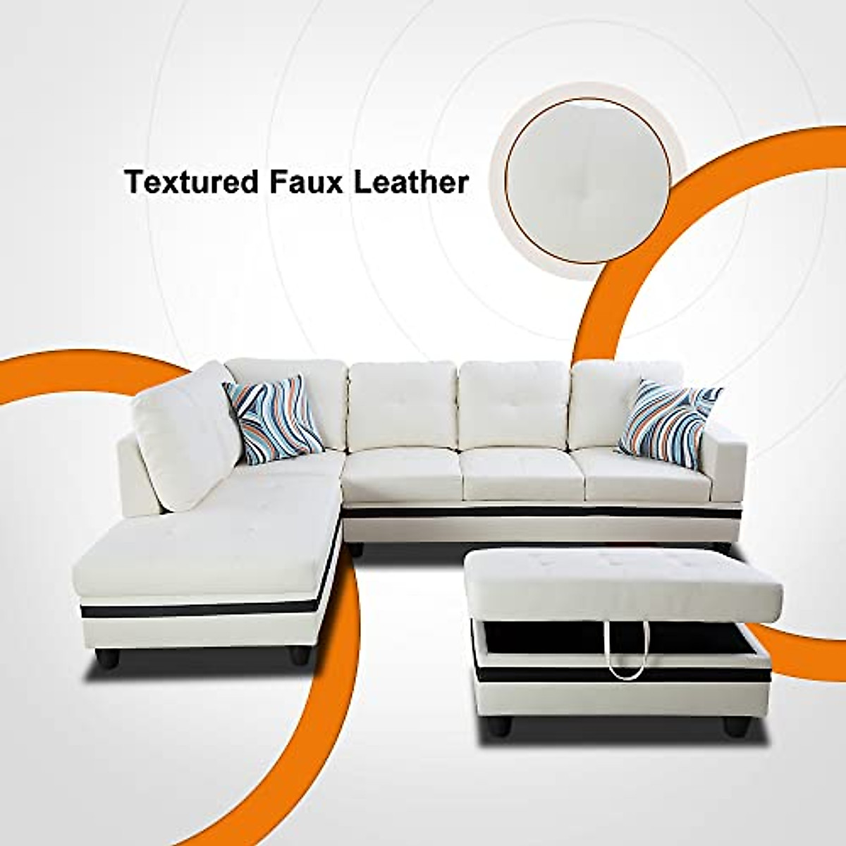 GEBADOL 103" Wide Sectional Living Room Furniture Set L-Shape Sofa Chaise and Storage Ottoman 3 Pieces Faux Leather Couch Set (White&Black/Left-Hand Facing)