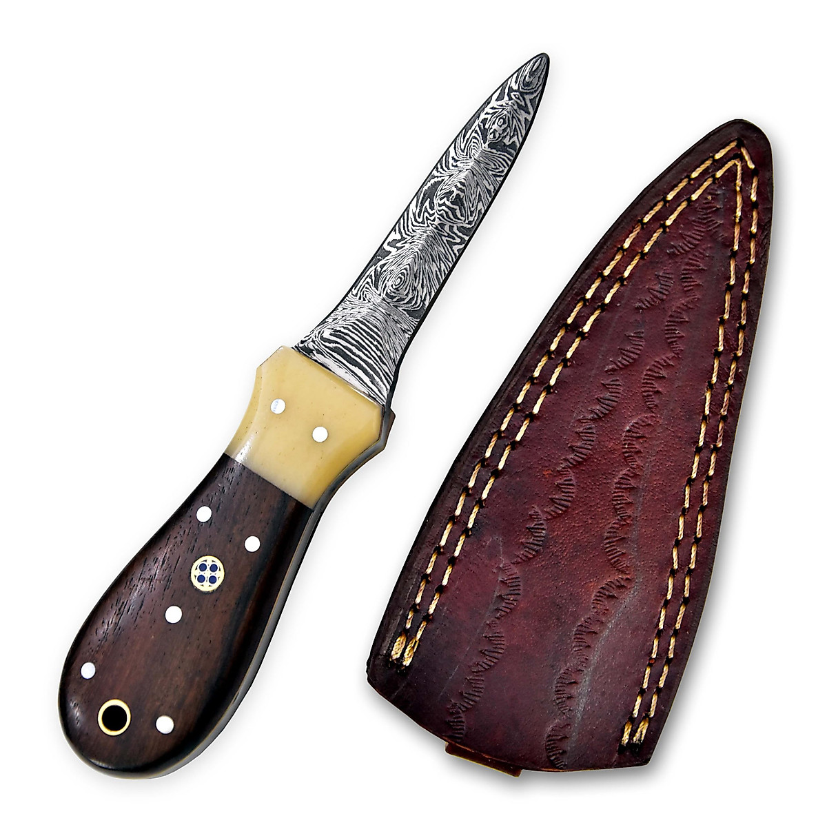 Oyster Shucker Knife Oyster Knife Damascus Steel Camel Bone & Walnut Handle Leather Sheath Seafood Opener Kit Tool Non Slip Handle (Walnut Handle)