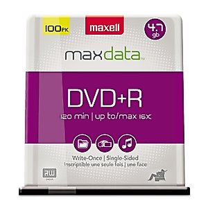 Maxell DVD+R Discs 4.7GB 16x Spindle Silver 100/Pack MAX639016
