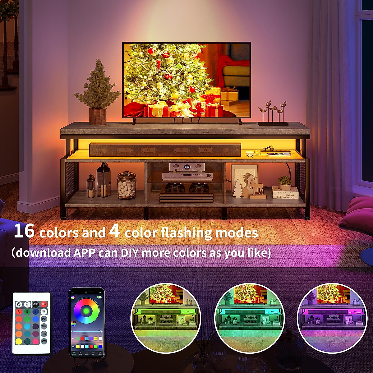 YITAHOME LED Television Stands w/Power Outlets for 70/65 inch, Modern Industrial TV Stand, Entertainment Center w/Open Storage TV Table, Entertainment Center for 360lbs for Living Room, Gray