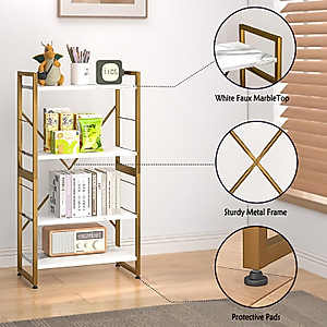 Azheruol 4 Tiers Bookshelf Adjustable White Faux Marble Organizer, Modern Small Bookcase for Small Space,Industrial Wooden Storage Display Rack and Storage Organizer for Living Room Home Office(Glod)