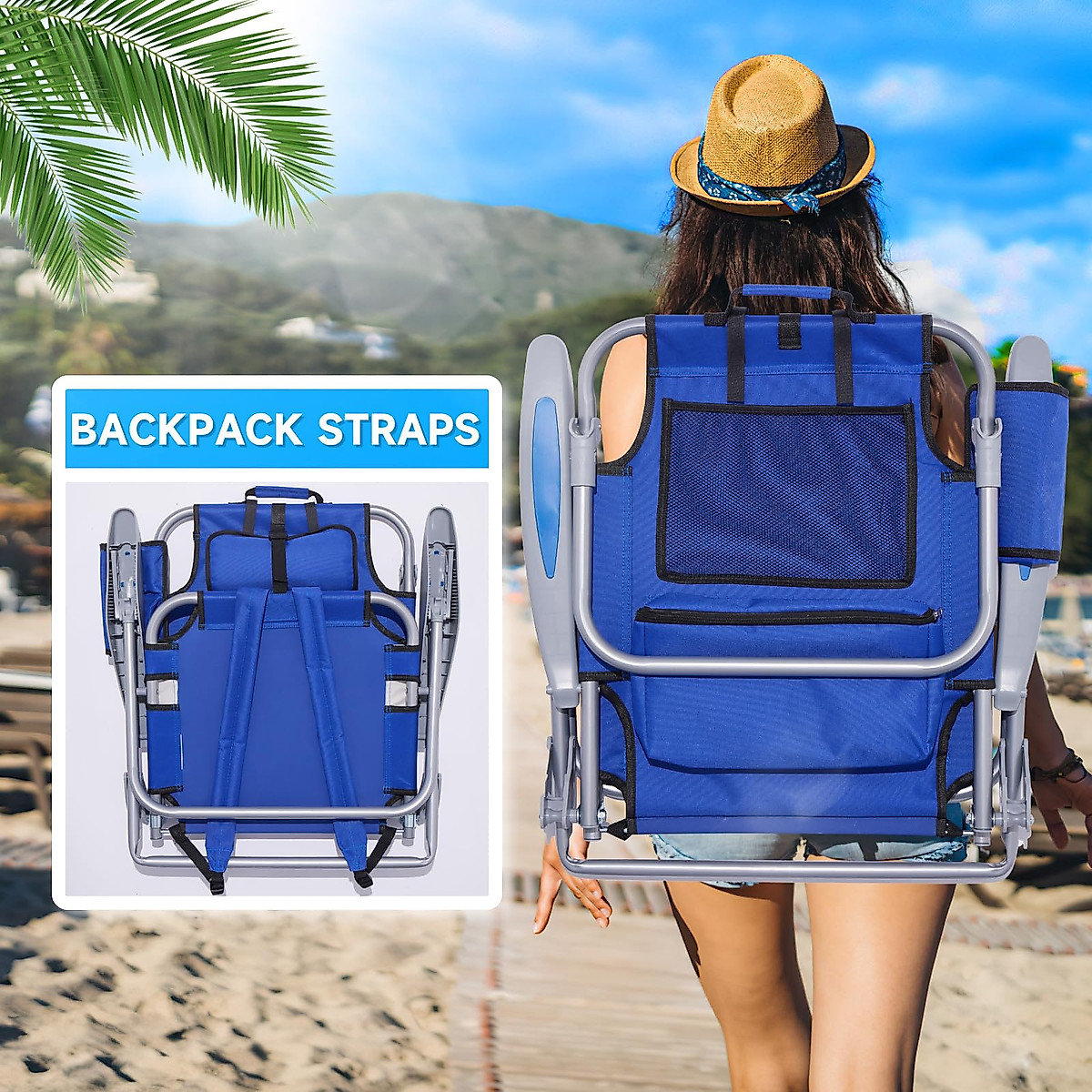 Canpsky 2PC Portable Beach Chair for Adults, 4 Position Backpack Folding Camping Chairs for Outdoor, Beach Chairs with Backpack Straps, Blue
