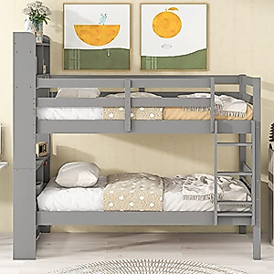 Twin Over Twin Bunk Beds, Wood Bunk Bed with Bookcase Headboard, Solid Wood Bed Frame with Safety Rail and Ladder, Kids/Teens Bedroom, Guest Room Furniture, Can Be converted into 2 Beds, Grey