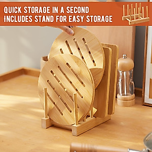 GHWIE Bamboo Trivet with Stand -Heat Resistant Pot Holders for Kitchen,Multi-Purpose Hot Pads,Hot Plate Mats,Large Stove Mat-Air Fryer Accessories and Trivets for Hot Dishes,4 PCS