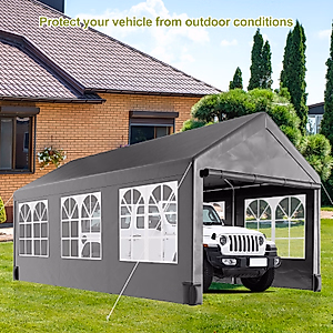 GarveeLife Carport, Heavy Duty 10FT X 20FT Carport Canopy, with 4 Load-Bearing Sandbags, Roll Up Mesh Window, Pe Waterproof Canopy, Reinforced Steel Pipes 1.3mm Tube Wall Thickness for Cars, Truck