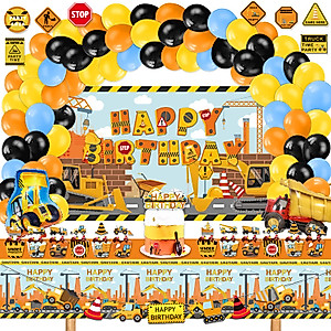 Mpanwen Construction Birthday Party Supplies, 136 Pcs Dump Truck Party Decorations for Boys Baby - Backdrop, Banner, Toppers, Balloons, Cupcakes Wrappers, Party Traffic Signs, Tablecloth