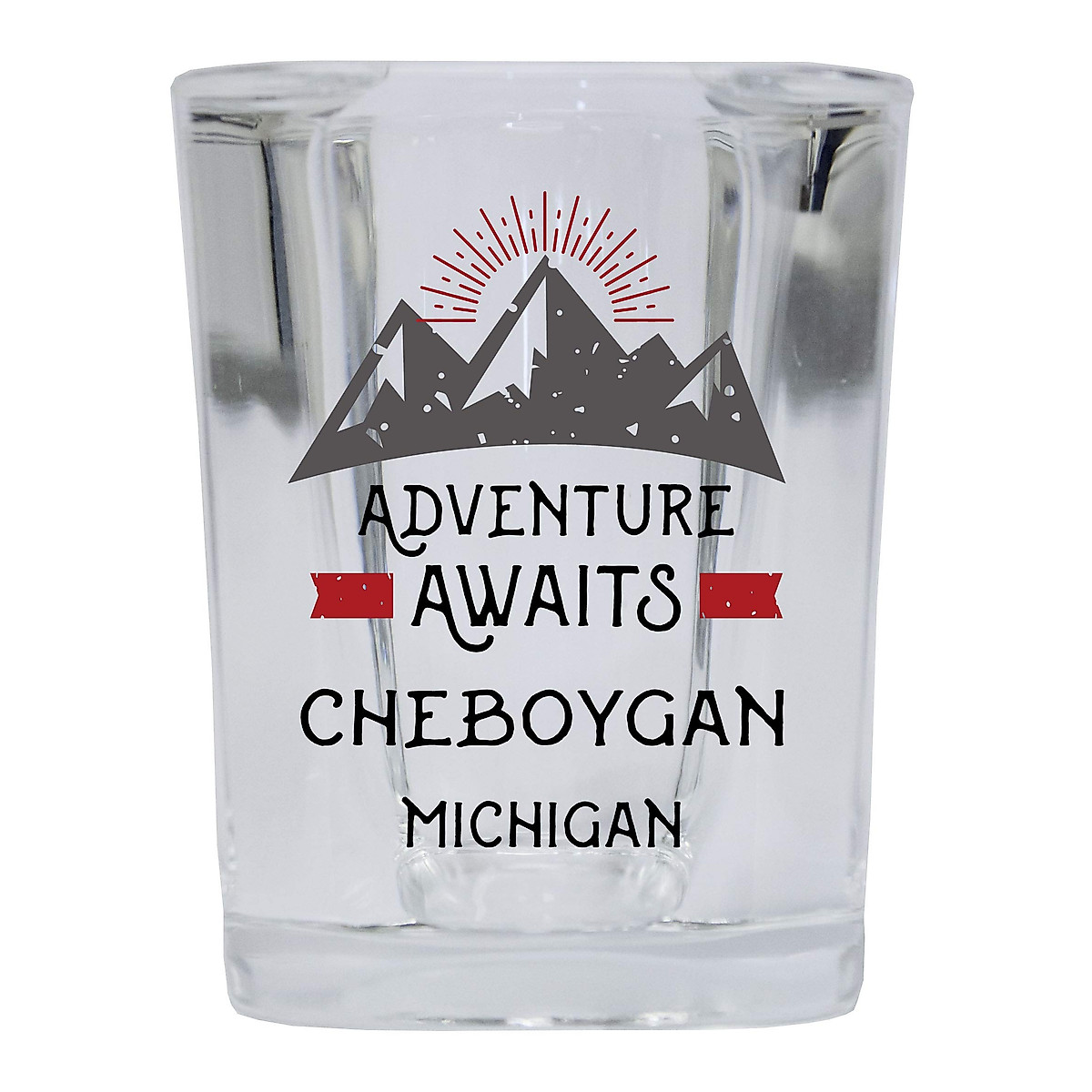 R and R Imports Cheboygan Michigan Souvenir 2 Ounce Square Base Liquor Shot Glass Adventure Awaits Design