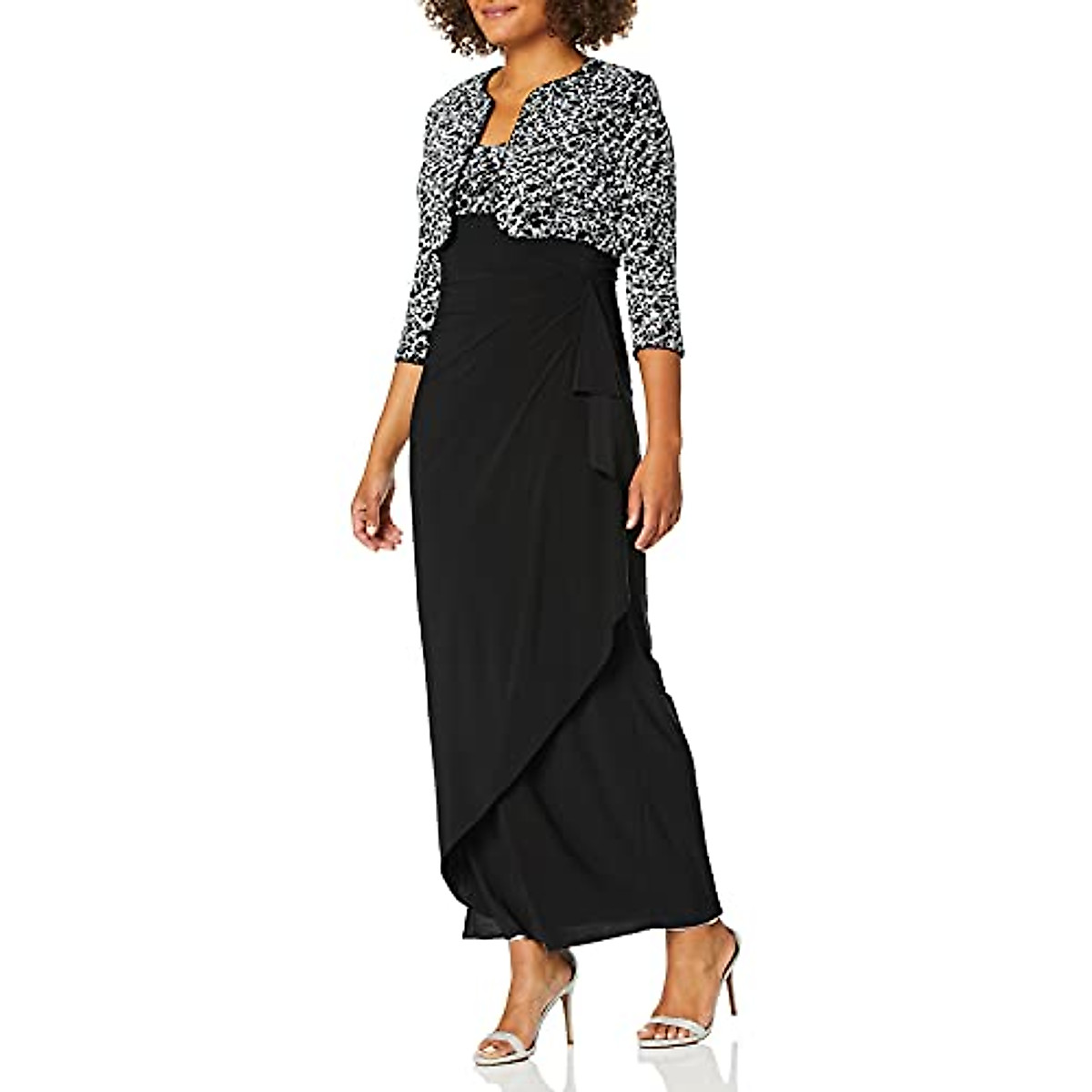 Alex Evenings Women's Empire Waist Dress with Side Ruched Skirt and Jacket (Petite and Regular Sizes), Black/White, 14P