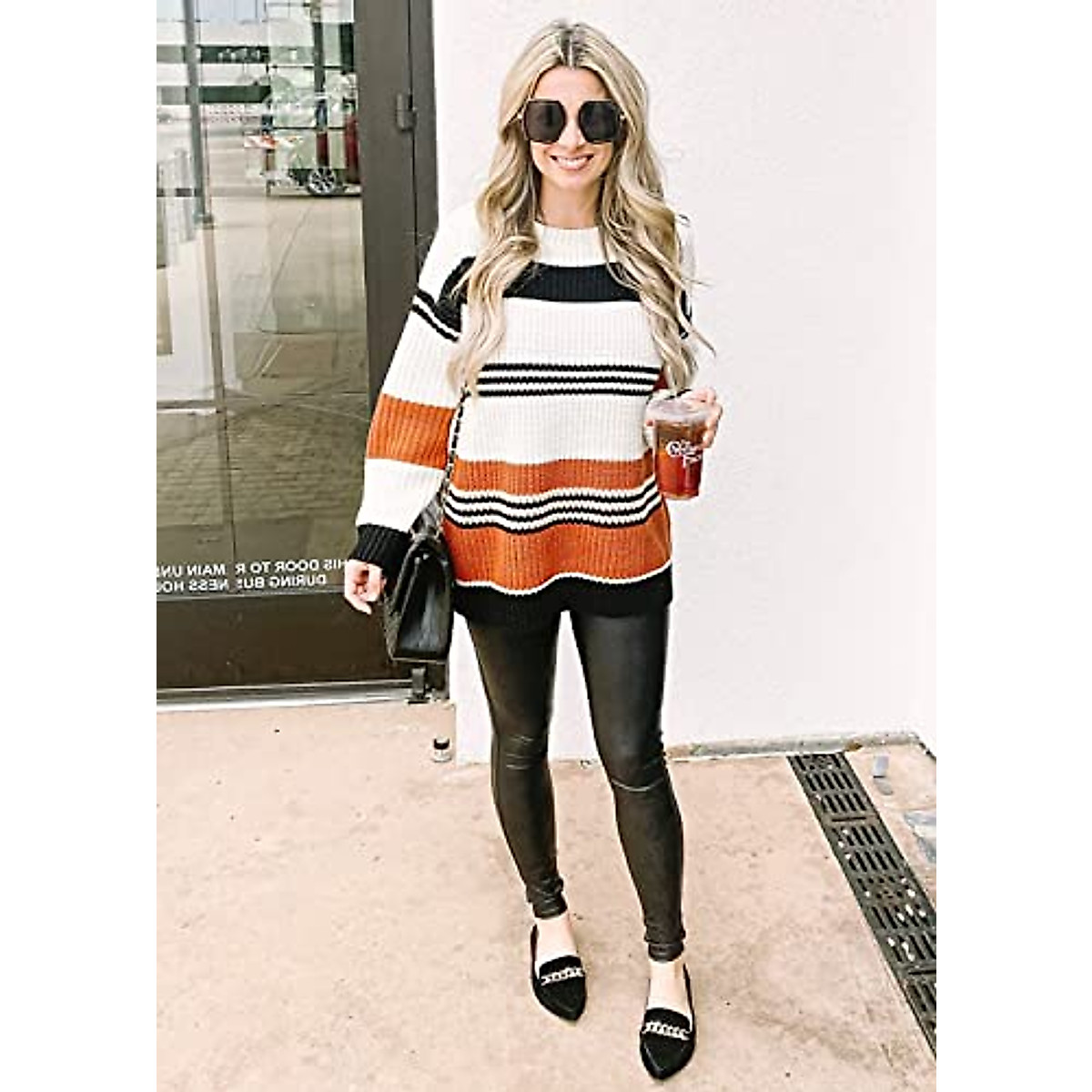KIRUNDO 2023 Fall Winter Women's Striped Color Block Short Sweater Long Sleeve Crew Neck Casual Loose Knit Pullover Tops(Medium, 1977-Orange)