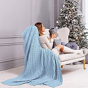 uxcell 100% Cotton Knitted Throw Blanket for Sofa and Couch Soft Lightweight Cable Knit Blanket Home Decors Blanket, Columbia Blue 50" x 60"