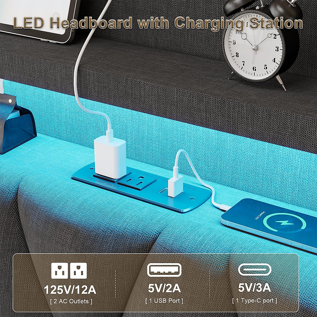 busyaeh King Floating Bed Frame with Hidden Storage Space and Charging Station, RGB Light Fabric Platform Bed with LED Light, No Box Spring Needed, Dark Gray