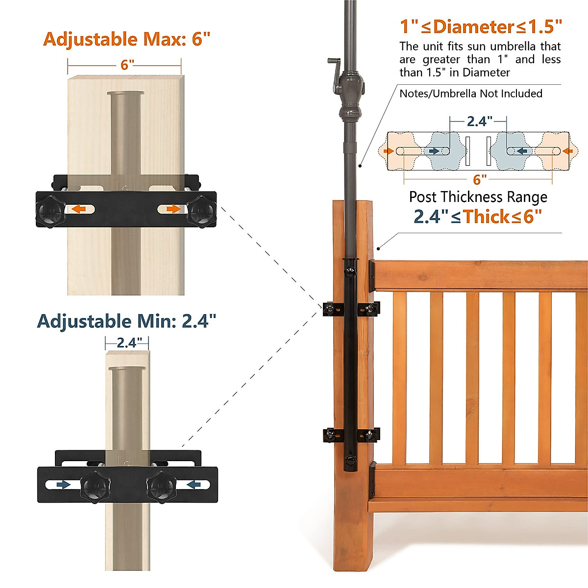 Wanhork Heavy Duty 304 Stainless Steel Patio Umbrella Holder,Deck Umbrella Holder,for Outdoor Fixed Deck Railing Post(Range/3in-6in) Umbrella Deck Mount(Post, Black)