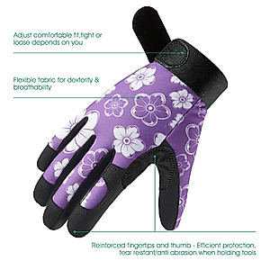 COOLJOB Small Gardening Gloves for Women, Thorn Proof Ladies Work Gloves for Rose Pruning, Cactus Handling, Blackberry Bush Planting, Puncture Resistant Anti-Slip Flexible, 1 Pair S Floral Purple