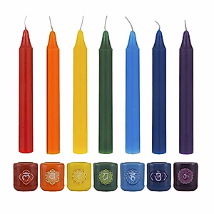 Mega Candles 7 pcs Assorted Colors Ceramic Chakra Chime Ritual Spiritual Energy Spell Candle Holders with Matching Color Candles, Great for Meditating, Rituals, Spells, Vigil, Supplies & More
