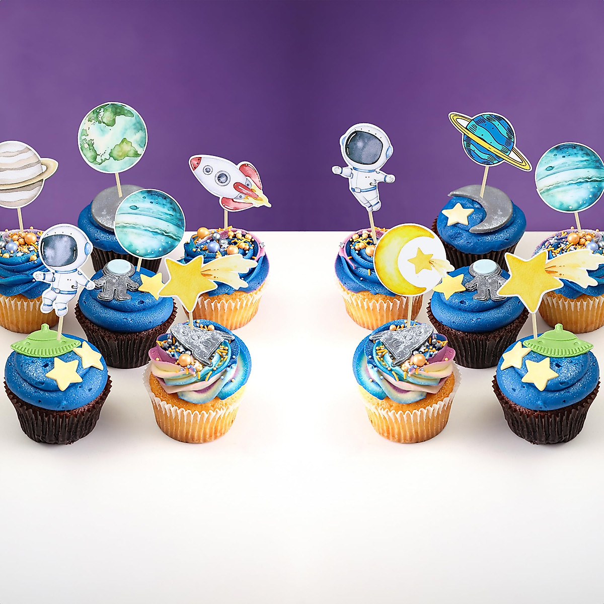 Ephlyn 36Pcs Space Astronaut Cupcake Toppers Planet Rocket Spaceship Trip to the Moon Star Cupcake Food Picks Universe Outer Space Theme Baby Shower Kids Birthday Party Supplies Blue