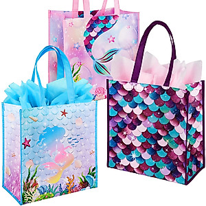 BLEWINDZ Large Gift Bags with Tissues – 3Pcs Mermaid Girls Kids Tote Reusable Gift Bags with Handles for Birthday Party Favors, Baby Showers, Shoppings (13" x 7" x 13.2")