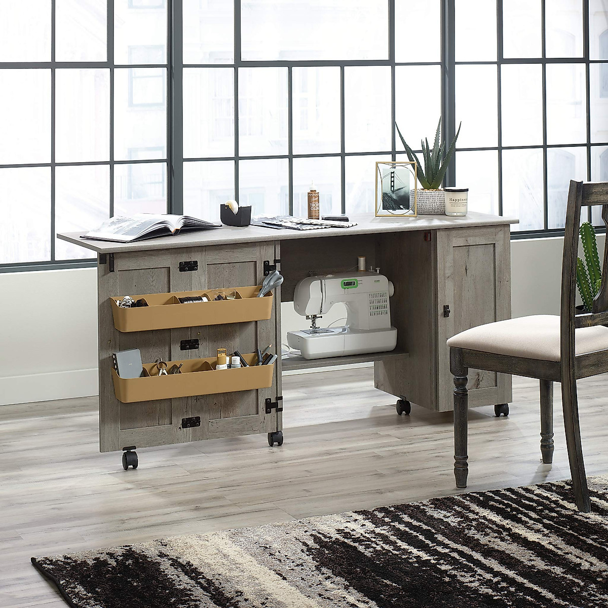 Sauder Miscellaneous Storage Craft & Sewing Armoire, L: 35.112" x W: 21.81" x H: 61.58", Mystic Oak Finish & Miscellaneous Storage Sewing/Craft Cart, Mystic Oak Finish