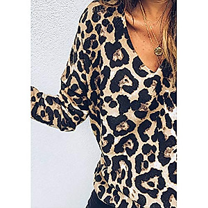 T-shirt for Women THENLIAN Women Plunge V Neck Leopard Print T-shirt Top Long Sleeve Autumn Blouse (Multicolor, L)