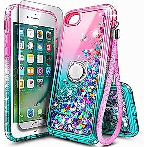NGB Supremacy Compatible for iPhone 5/5S/iPhone SE (2016 Edition) Case with Tempered Glass Screen Protector, Ring Holder/Wrist Strap, Girls Women Kids Sparkle Glitter Liquid Cute Case (Pink/Aqua)