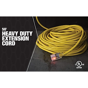 Southwire 2588SW0002 Outdoor Cord-12/3 SJTW Heavy Duty 3 Prong Extension Cord-for Commercial Use (50', Yellow), 50 Feet