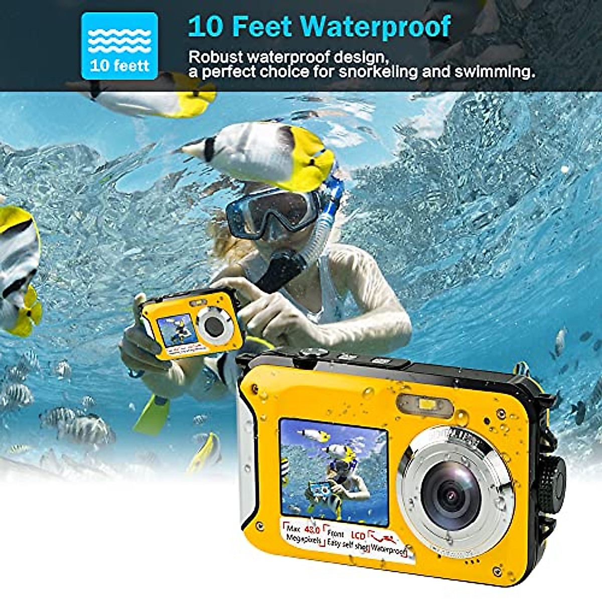 S & P Safe and Perfect Underwater Camera, Waterproof Camera Full HD 2.7K 48MP Waterproof Camera Digital with Dual Screen, 16X Digital Zoom and Self-Timer Yellow