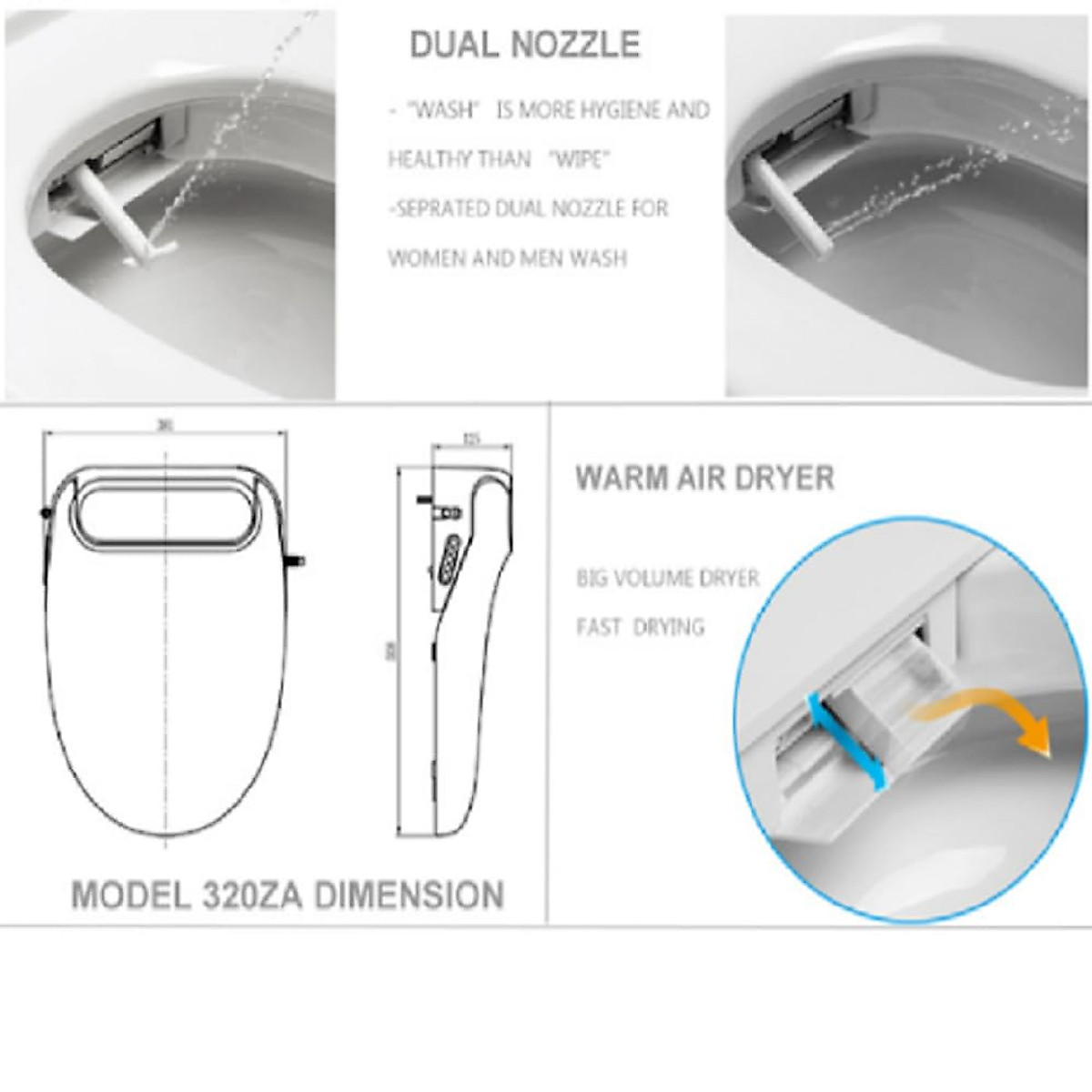 Cascada Premium Elongated White Smart Bidet Toilet Seat with Remote Control, Heated Seat, Warm Air Dryer, and Customizable Wash Settings