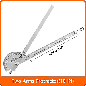 Angle Finder,Both Arms Stainless Steel Protractor with 0-180 Degrees Angle 10 inch,250mm,30cm Scale Woodworking Ruler Angle Finder Ruler with Inch Units